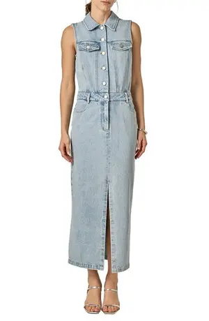 English Factory Sleeveless Denim Maxi Shirt Dress - Light Blue