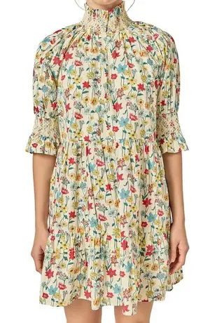 English Factory Floral Smocked Puff Sleeve Minidress