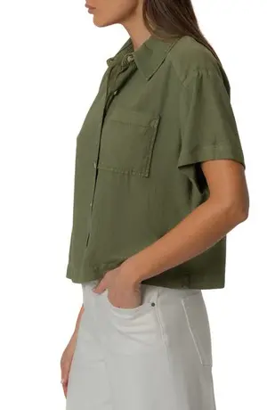 Kut From The Kloth Aida Linen Blend Short Sleeve Button-up Top - Olive