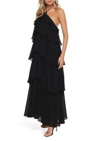 PETAL & PUP Chasity Halter Neck Tiered Maxi Dress - Black