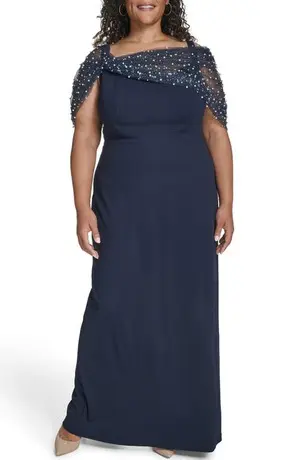 Eliza J Beaded Mesh Overlay Crepe Column Gown