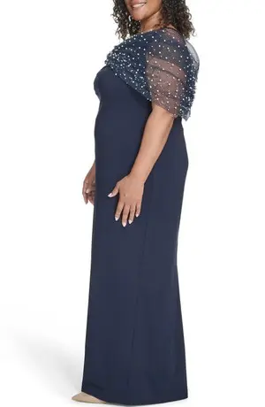 Eliza J Beaded Mesh Overlay Crepe Column Gown