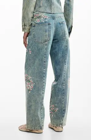 Desigual Floral Embroidery Straight Leg Jeans - Medium Blue