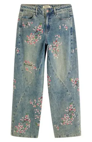 Desigual Floral Embroidery Straight Leg Jeans - Medium Blue
