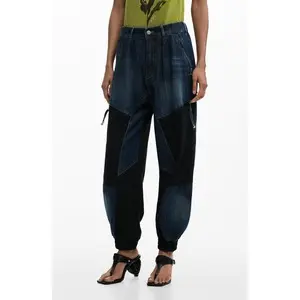 Desigual Patchwork Barrel Leg Jeans With Zip Pockets - Medium Blue