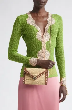 Valentino Garavani Mini Rockstud Raffia Crochet Shoulder Bag - Natural