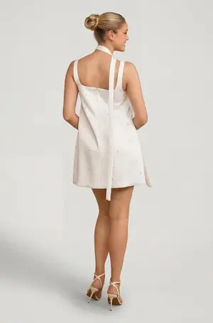 SIX STORIES Anya Scatter Bead Mini Dress With Neck Scarf - White
