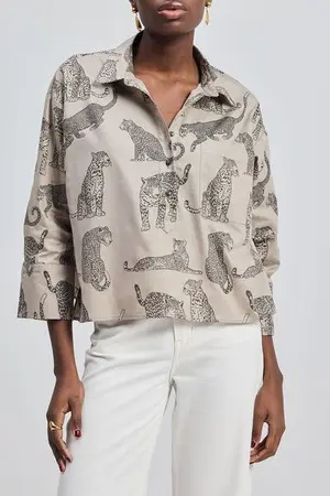 REISTOR Oversized Cropped Button-down Shirt With Animal Print
