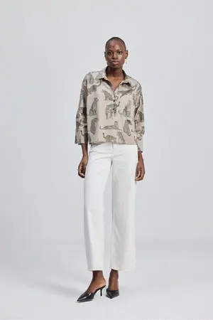 REISTOR Oversized Cropped Button-down Shirt With Animal Print