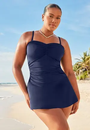 SWIMSUITS FOR ALL Sweetheart Ruffle Bandeau Swimdress With Tummy Control