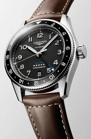 LONGINES Spirit Zulu Time Gmt Automatic Leather Strap Watch - Black
