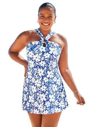 SWIMSUITS FOR ALL High Neck Halter Ring Swimdress With Shirred Detailing - Royal Floral