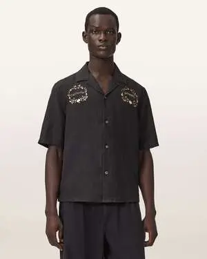 ALLSAINTS Klavicle Short Sleeve Linen Embroidered Shirt - Black