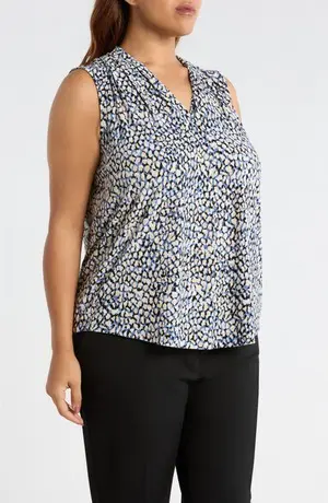 Anne Klein Sleeveless V-neck Top With Ruffle Trim - Blue Jay Multi