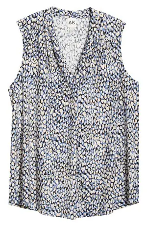 Anne Klein Sleeveless V-neck Top With Ruffle Trim - Blue Jay Multi