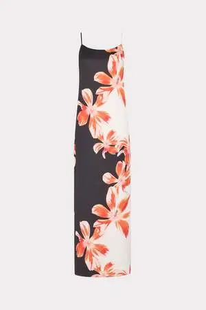 MILLY Lily Tropical Flame Maxi Slip Dress - Black