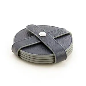 ROYCE NEW YORK Set Of 4 Pebble Grain Leather Round Coasters With Wrap Closure - Blue