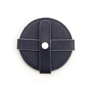 ROYCE NEW YORK Set Of 2 Pebble Grain Leather Round Coasters With Wrap Closure - Blue