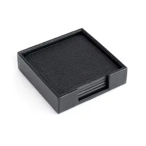 ROYCE NEW YORK Set Of Four Square Leather Coasters With Holder - Black
