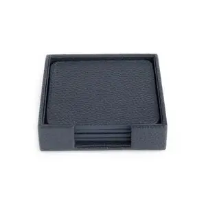 ROYCE NEW YORK Set Of Four Square Leather Coasters With Holder - Blue