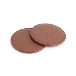 ROYCE NEW YORK Set Of 2 Handcrafted Round Leather Coasters - Tan