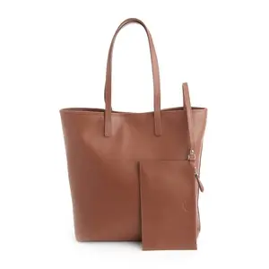 ROYCE NEW YORK Tall Leather Tote Bag With Detachable Wristlet - Tan