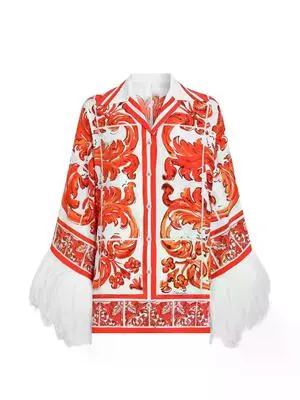 Dolce & Gabbana Majolica Print Charmeuse Shirt With Feather Detail