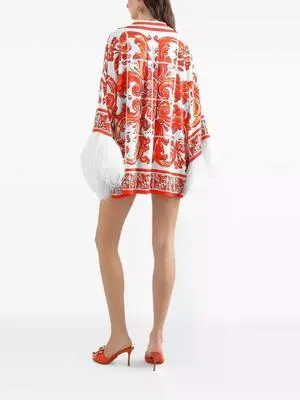 Dolce & Gabbana Majolica Print Charmeuse Shirt With Feather Detail