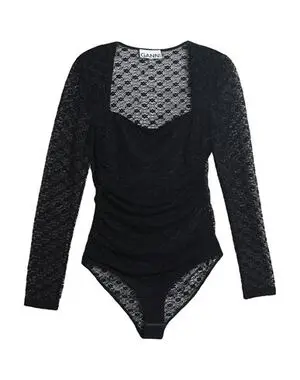 GANNI Lace Bodysuit With Square Neckline And Long Sleeves