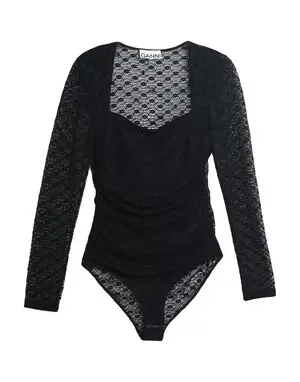 GANNI Lace Bodysuit With Square Neckline And Long Sleeves