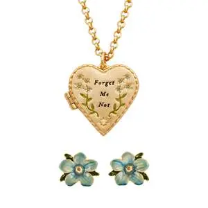 FABLE ENGLAND Forget Me Not Heart Locket And Stud Earrings Set - Gold/blue