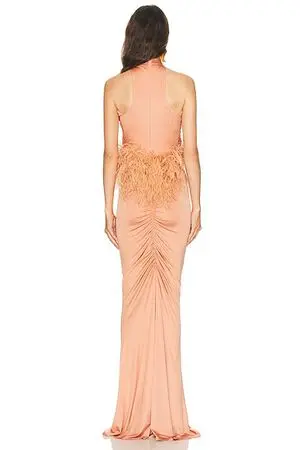 Lapointe Jersey Sleeveless Halter Ruched Gown With Feathers - Dune