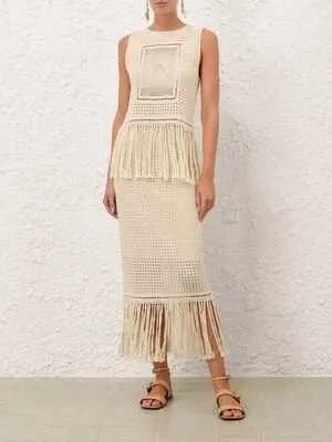 Zimmermann Indra Crochet Fringe Midi Skirt