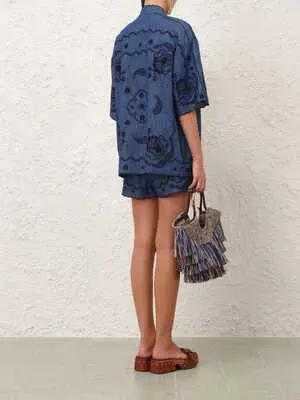 Zimmermann Railway Aster Embroidered Denim Shirt - Blue