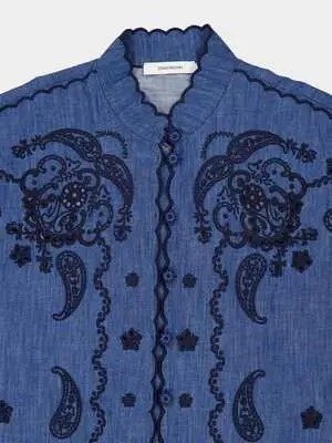 Zimmermann Railway Aster Embroidered Denim Shirt - Blue