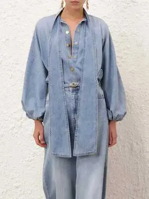 Zimmermann Skylark Indra Denim Tie Neck Blouse