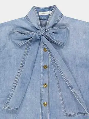 Zimmermann Skylark Indra Denim Tie Neck Blouse