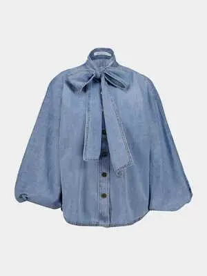 Zimmermann Skylark Indra Denim Tie Neck Blouse - Blue