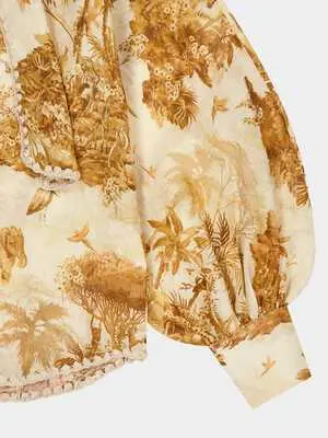 Zimmermann Indra Tie Neck Blouse In Coffee Safari Print - Brown