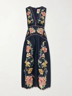 Farm Rio Maira" Floral Print Linen Midi Dress - Blue
