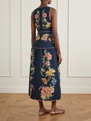 Farm Rio Maira" Floral Print Linen Midi Dress - Blue