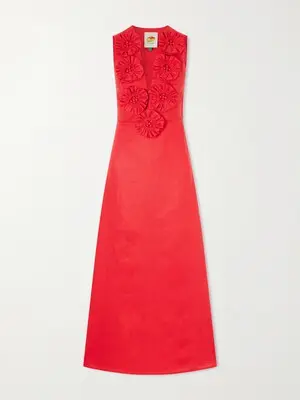 Farm Rio Floral Appliqué Linen Midi Dress - Red