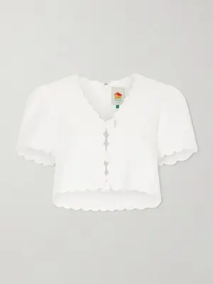 Farm Rio Cropped Floral-appliquéd Scalloped Linen Top - Neutrals