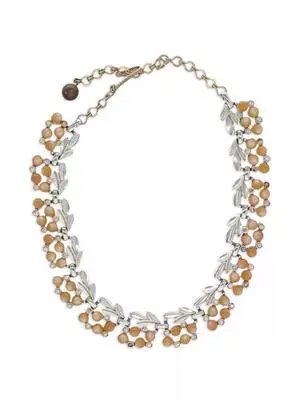 Vintage Leaf-motif Beaded Necklace With Crystal Embellishment - Silver