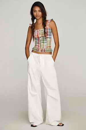 PILCRO Fitted Button Front Peplum Top With Ruffled Straps - Multi Plaid