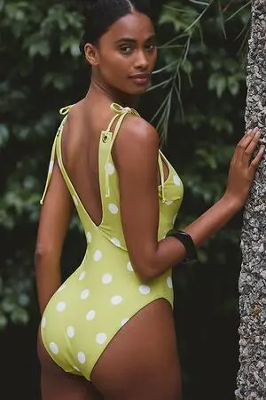 CELANDINE Polka-dot Plunge One-piece Swimsuit - Chartreuse