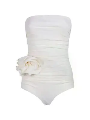 Magda Butrym Ruched Swimsuit With 3d Flower Detail - Neutrals