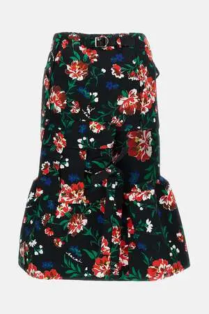 Sacai Floral Print Asymmetrical Ruffle Midi Skirt - Black