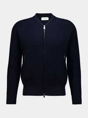 PIACENZA CASHMERE 1733 Navy Cotton Textured Zip-up Bomber Jacket - Blue