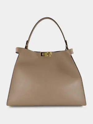 Fendi Large Dove Grey Calfskin Shoulder Bag With Gold-tone Turn Lock - Beige